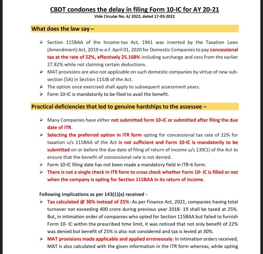 nw Condonation for delay in filing Form 10-IC for 20-21
