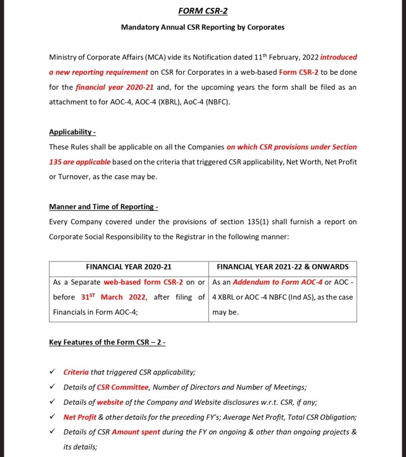Filling of ROC Form CSR – 2 on Reporting on CSR | CA Rajput