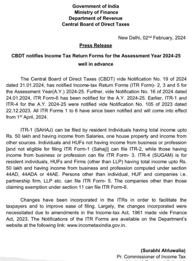 CBDT Notifies ITR Forms 1-6 for AY 2024-25| RJA