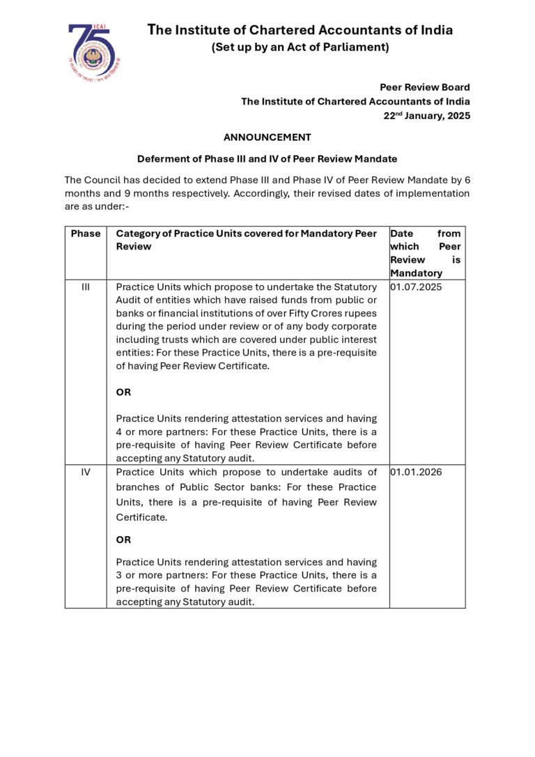 ICAI deferred Phase III & Phase IV of Peer Review Mandate