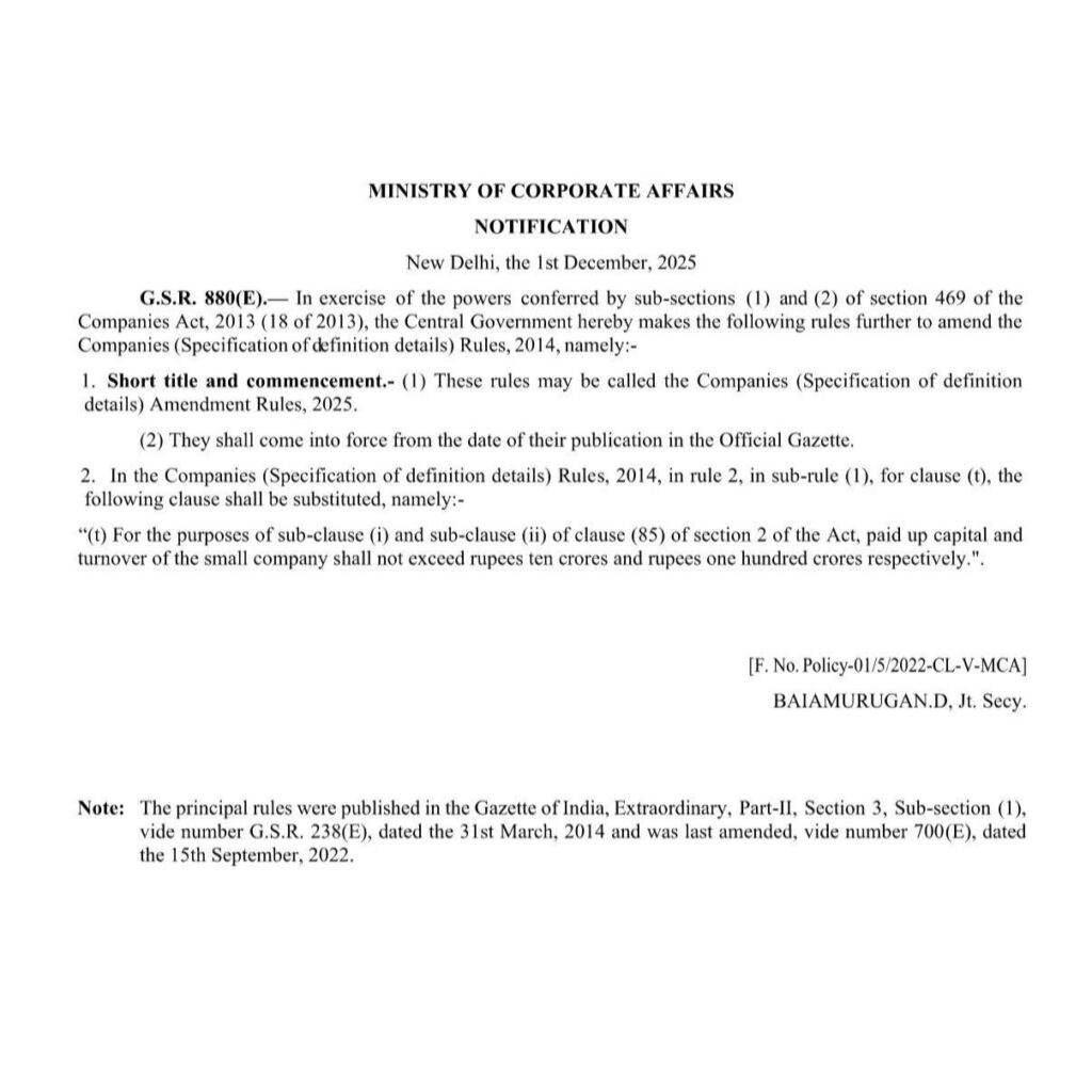 Revised Definition of Small Company (w.e.f. 01-12-2025) |RJA